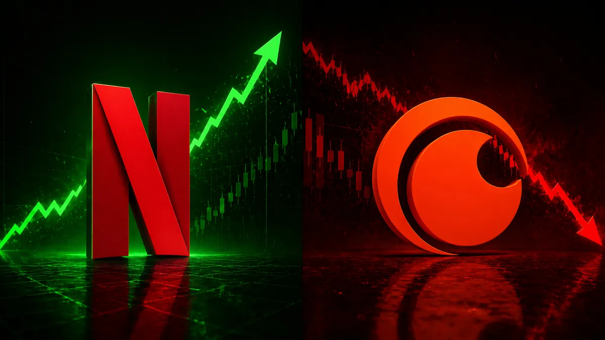 Netflix and Crunchyroll logos with rising and falling market charts ...